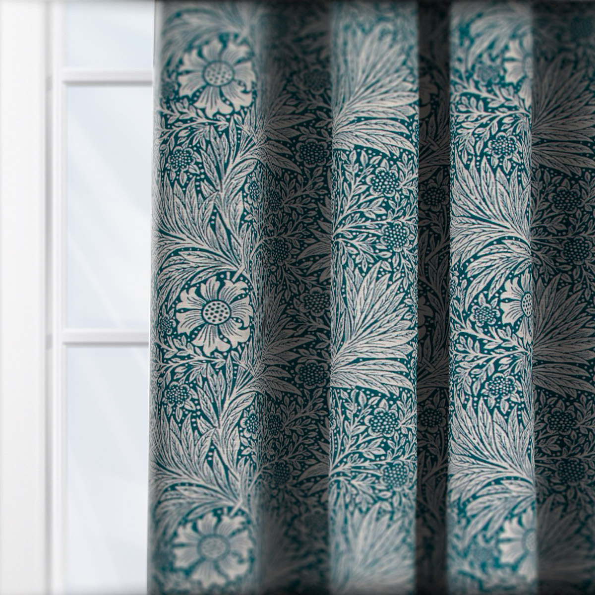 Morris & Co Marigold Floral Jacquard Indigo Pencil Pleat Ready Made ...