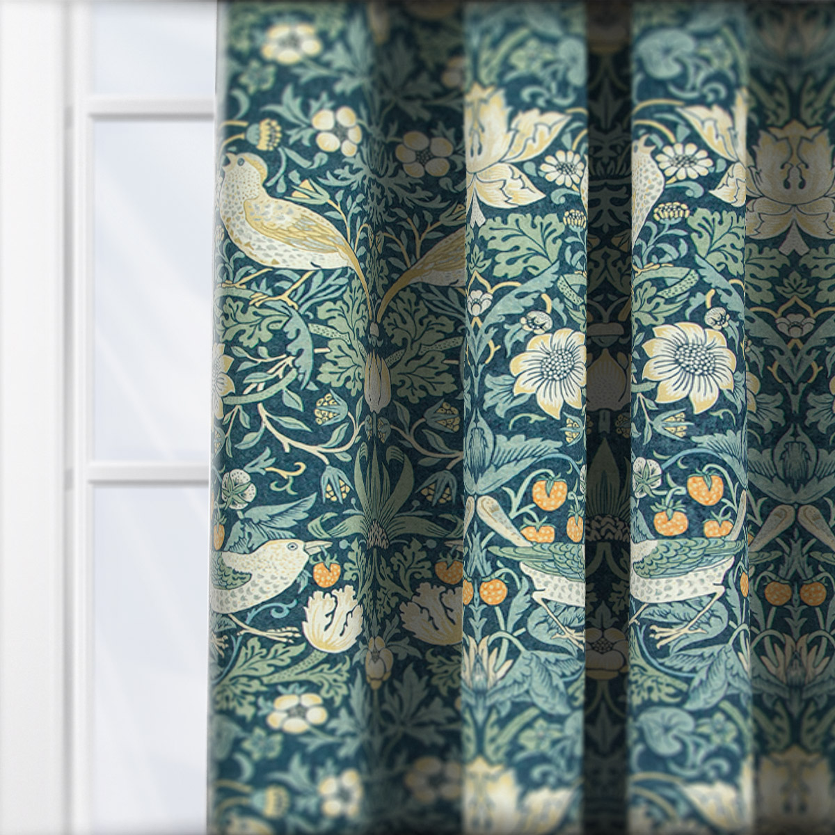 William Morris At Home Strawberry Thief Woad Curtain | Blinds Direct