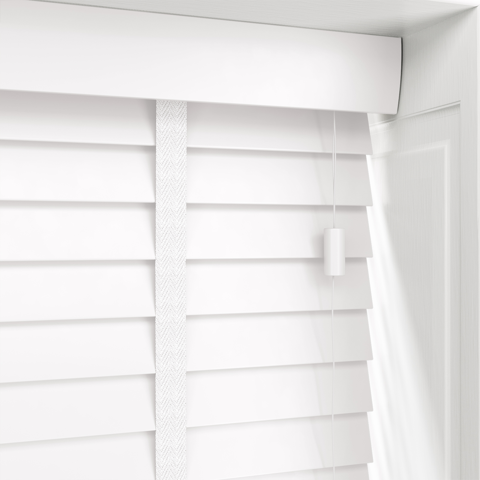 WoodLux Bright White with Tapes Faux Wood Venetian Blind | Blinds Direct