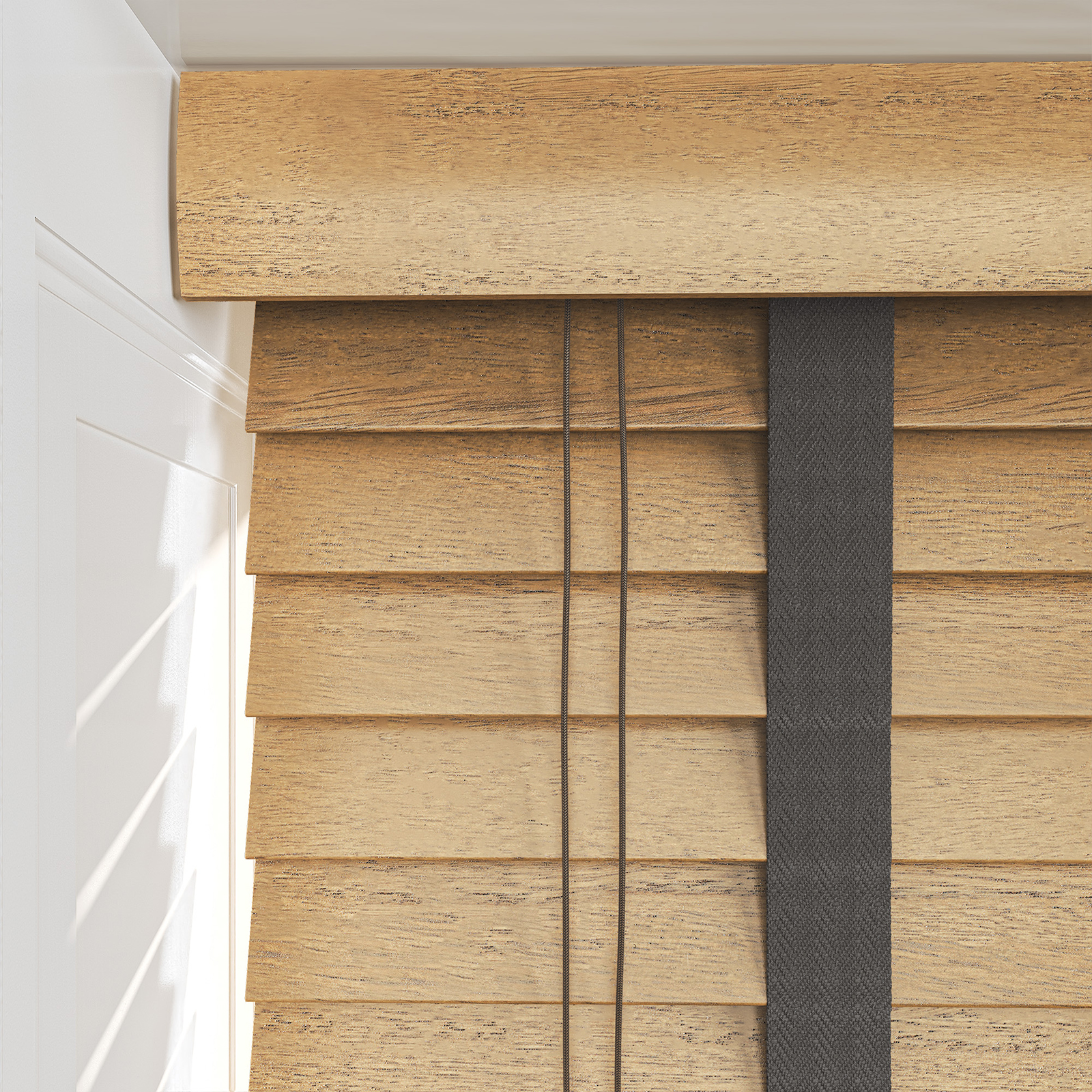 Dalby Trully Oak with Static Tapes Wooden Venetian Blind | Blinds Direct